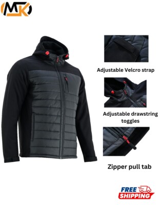Men's Puffer Softshell Hybrid Jacket – Quilted Padded Windproof Hooded ...