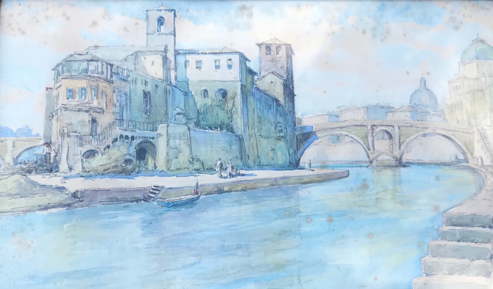 EMILE APPAY RARE AQUARELLE ORIGINALE 1900 ÎLE TIBERINE A ROME VEDUTE ...