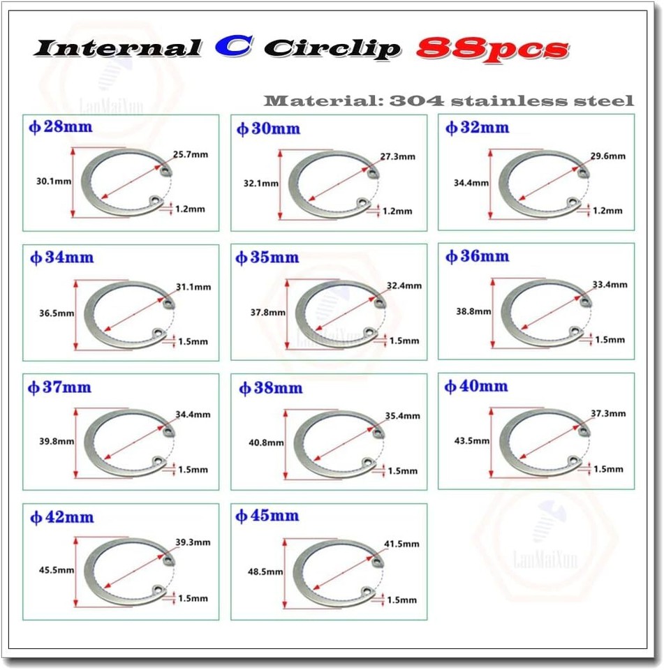 304 Stainless 88pcs Internal Circlip Snap Retaining Clip Ring ...