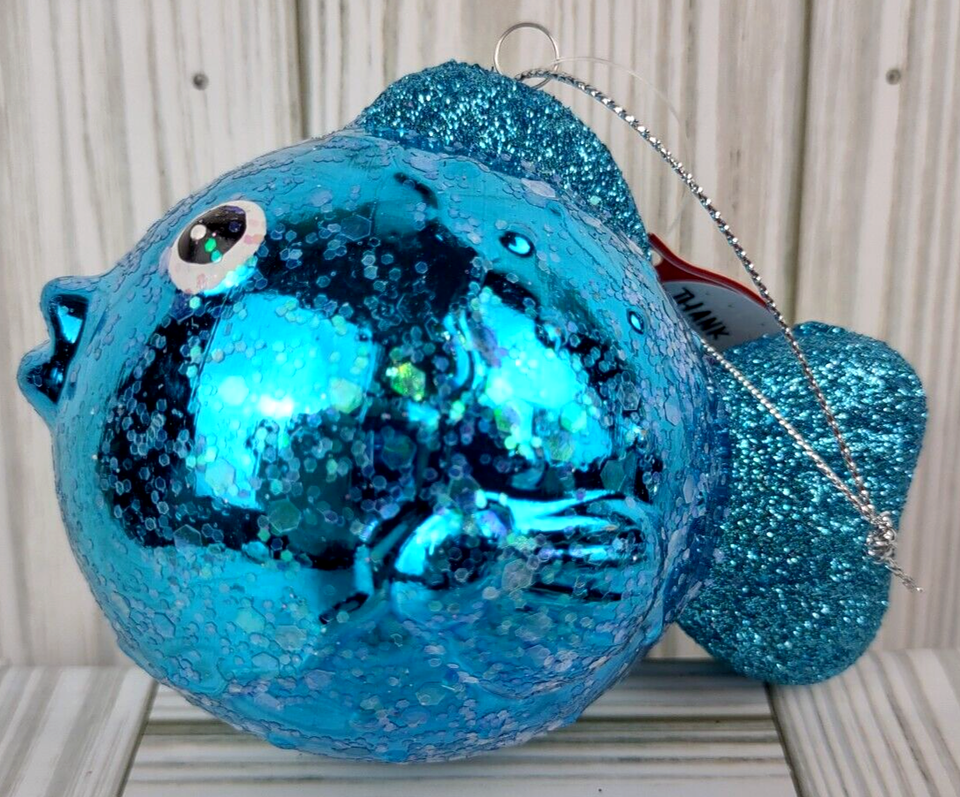Fish Christmas Ornament Hanging Glittery Holiday Ocean Sea Animal Blue ...