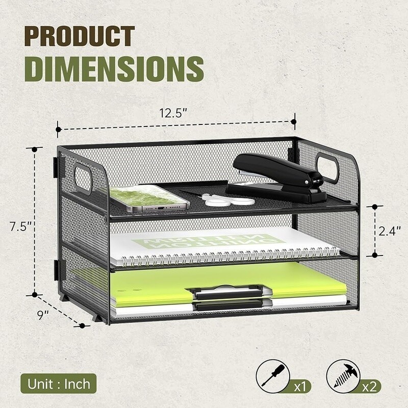 3 Tier Mesh Desk Paper Organizer File Tray W/ Handle Portable Office ...