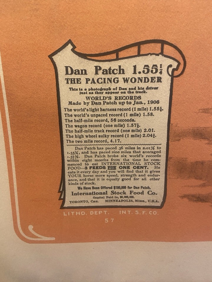 ANTIQUE DAN PATCH HORSE RACING LITHO INTERNATIONAL STOCK FOOD | eBay