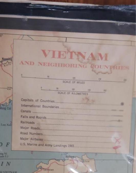 VINTAGE 1965 VIETNAM WAR SCHOOL WALL MAP US LANDINGS HO CHI MINH TRAIL ...
