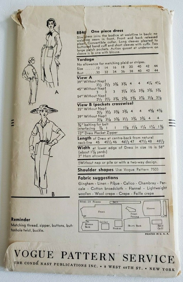 Uncut Vtg 1956 ONE PIECE DRESS SLIM SKIRT Vogue 8846 POCKETS COLLAR Sz ...