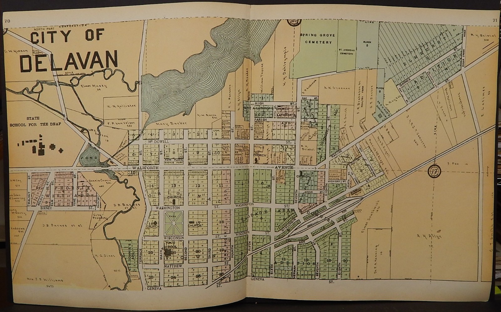 Wisconsin Walworth County Map City of Delavan 1907 2-Double Pages J23 ...