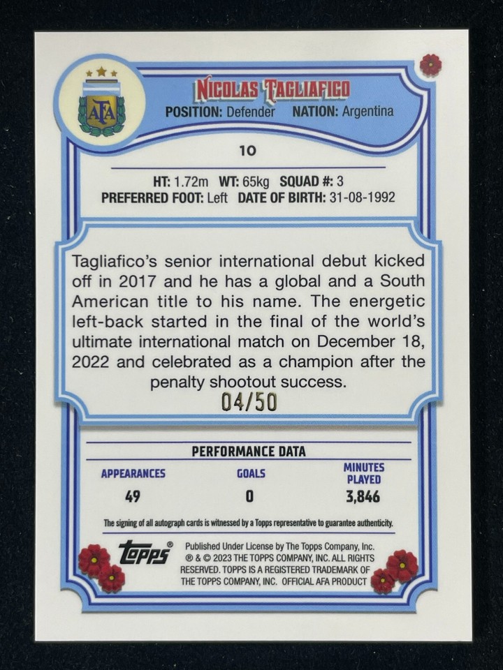 2023 Topps Fileteado Argentina Soccer #10 Nicolas Tagliafico Auto Pink ...