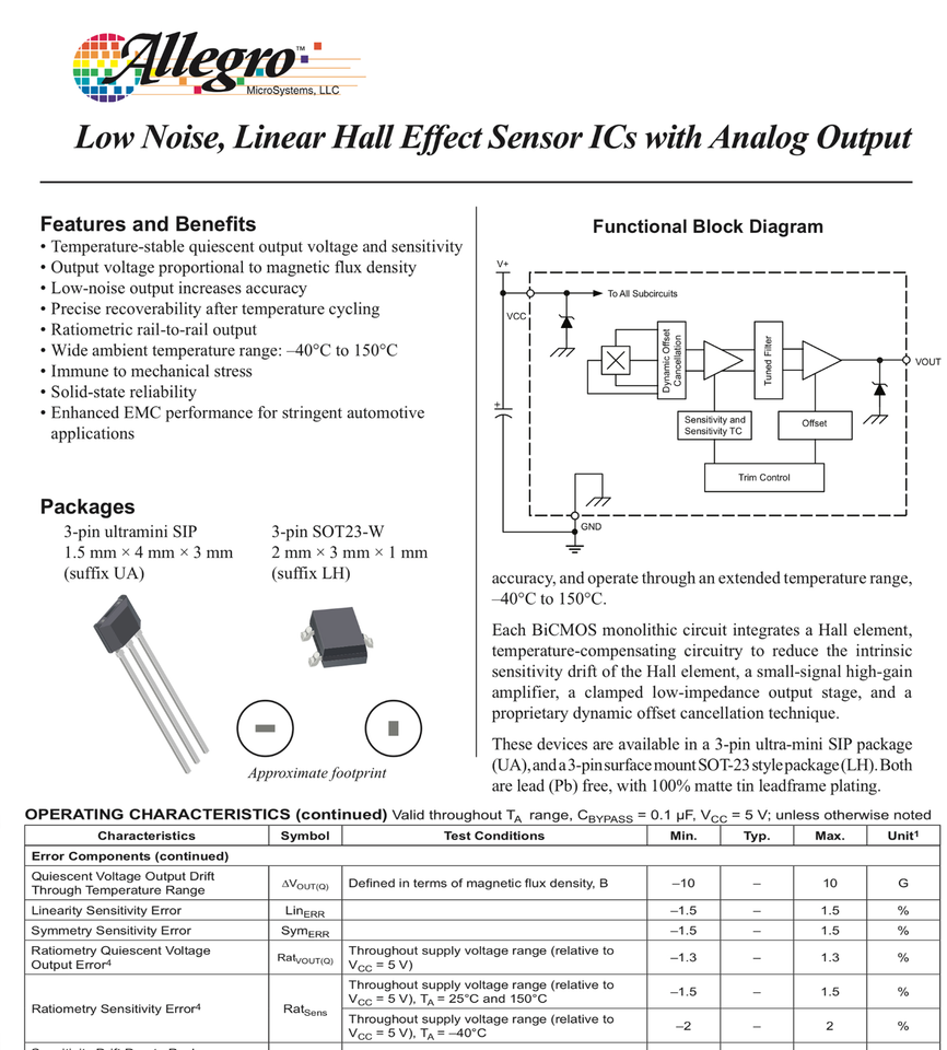 ALLEGRO MICROSYSTEMS A1324LUA-T IC, SENSOR, HALL EFFECT, LINEAR, SIP-3 ...