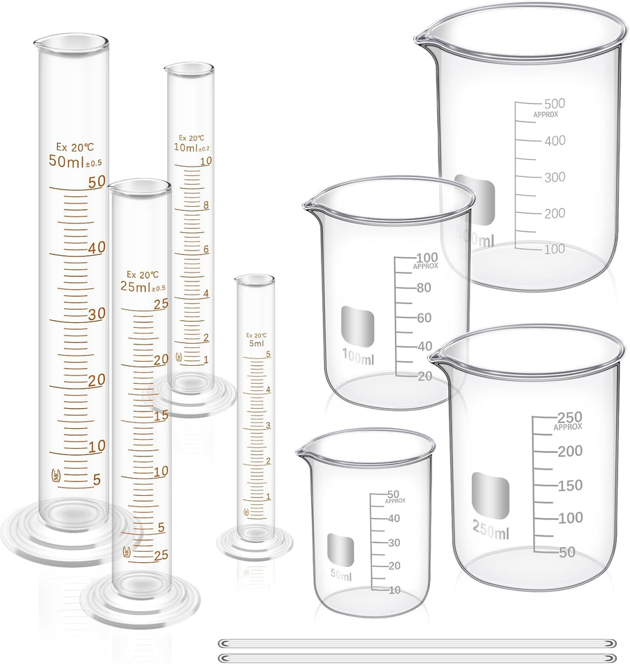 Glass Beaker Set 50/100/250/500 Ml, Glass Graduated Cylinder 5/10/25/50 ...