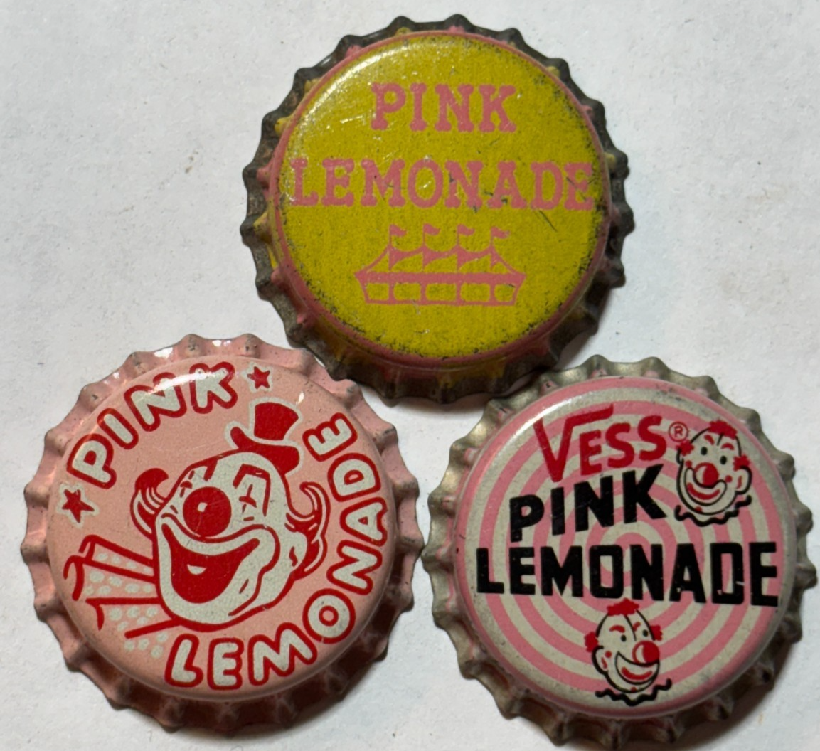 VESS & 2 MORE PINK LEMONADE SODA BOTTLE CAPS; UNUSED CORK, clowns ...