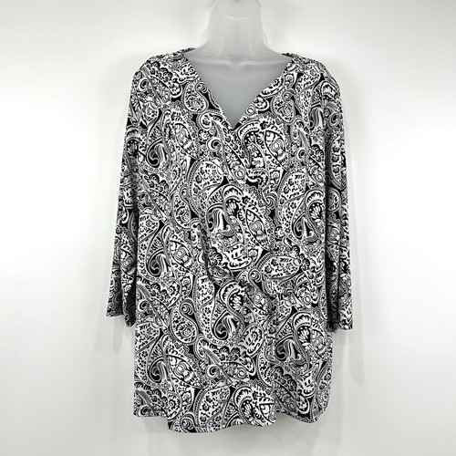 Talbots Top Women's 2X Black White Paisley AOP Wrap Stretch Mature 3/4 ...
