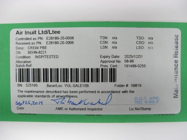 B/E Aerospace E28180-20-0006 Protective Breathing Equipment ...