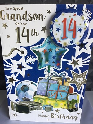 14TH GRANDSON BIRTHDAY CARD WITH BADGE (9"X 6") AGE 14 FOURTEEN | eBay UK