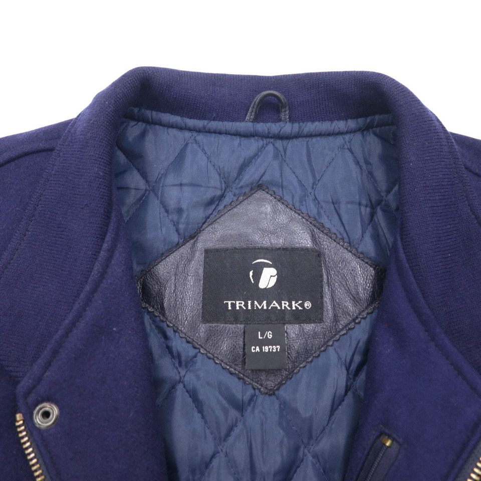 TRIMARK Leather Switch Melton Varsity Jacket L Navy Black Leather ...