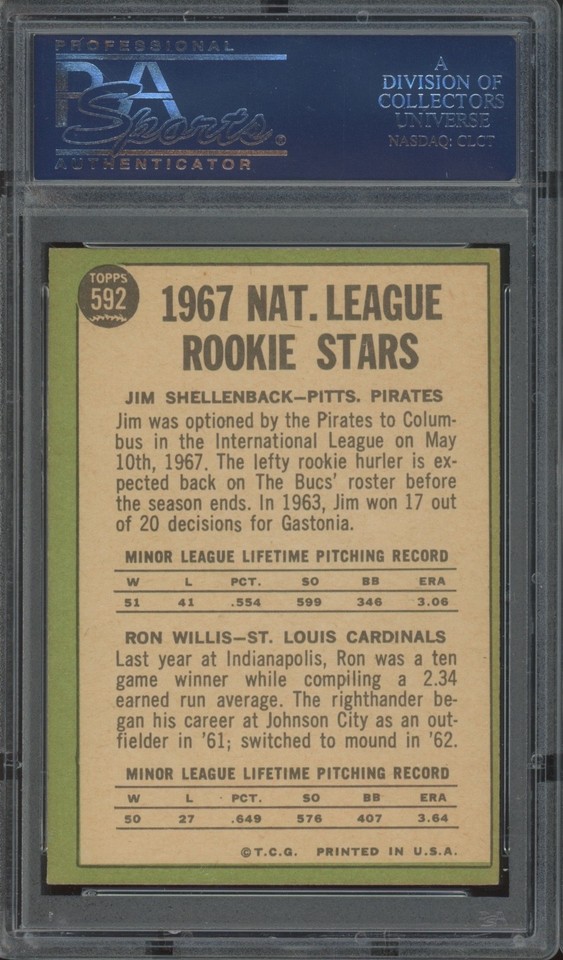 1967 Topps Baseball #592 Jim Shellenback Ron Willis RC Rookie EX MT PSA ...