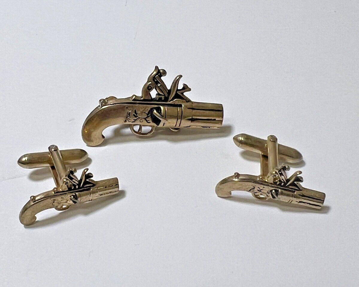 Vintage Swank Flint Lock Gun Tie Clip Cuff Links & Ti… - Gem