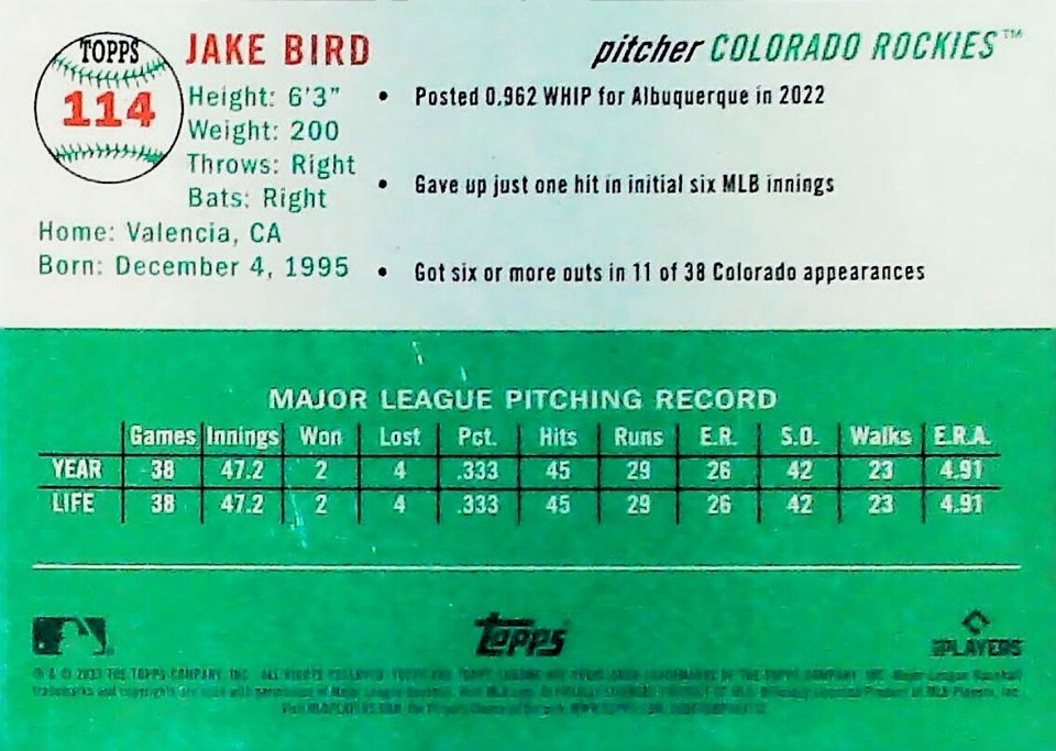2023 TOPPS CHROME PLATINUM ANNIVERSARY #114 JAKE BIRD COLORADO ROCKIES ...