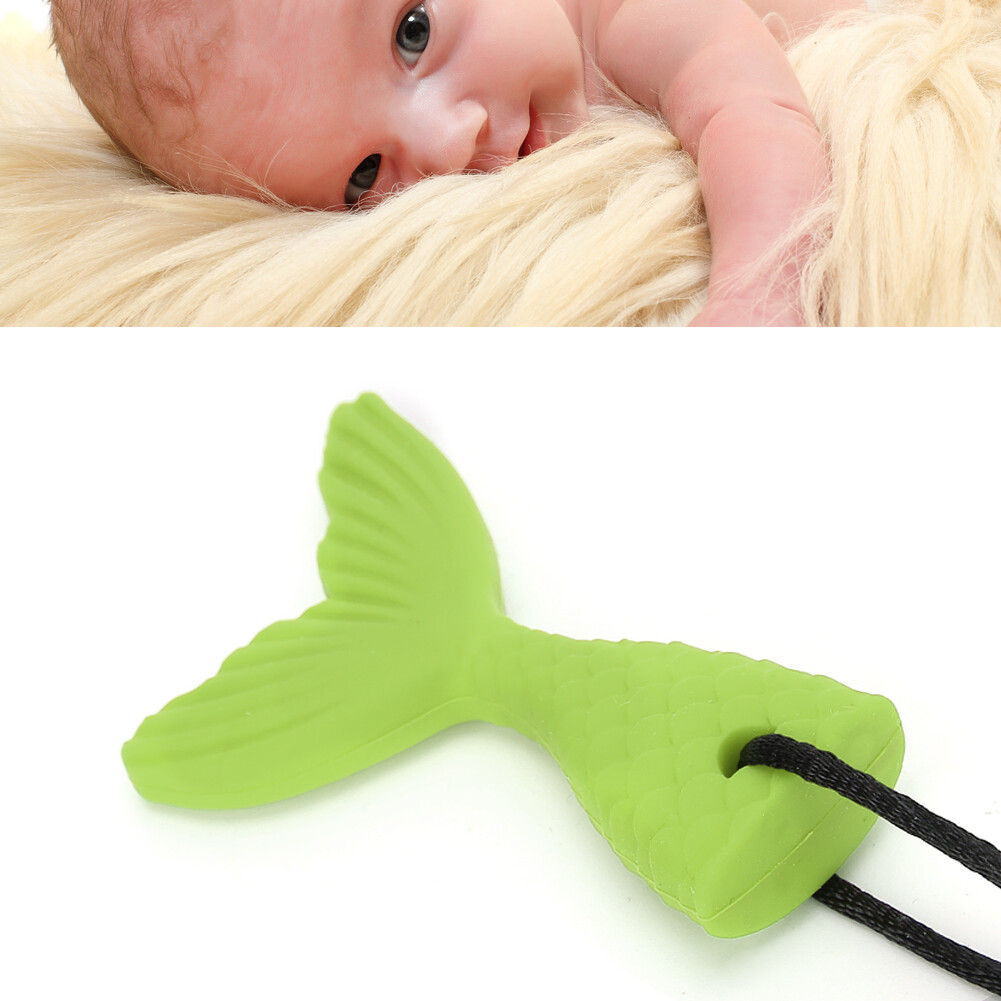 (Green)Silicone Fish Tail Shape Teether Baby Chewing Pendant Necklace ...