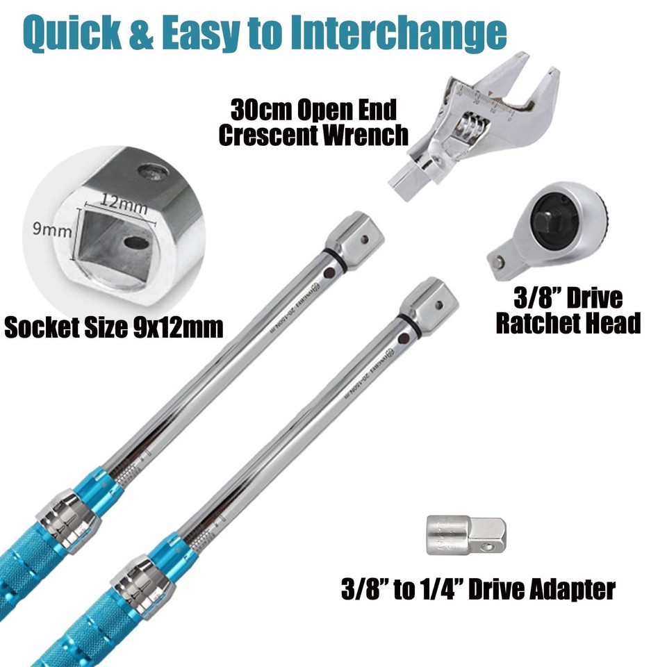 Open End Torque Wrench 5-60 Nm, Adjustable Set, 3/8" Ratchet & Adapters ...