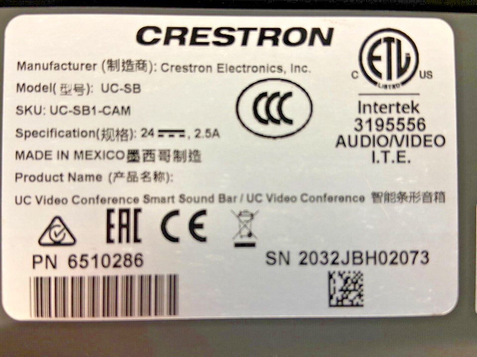 Crestron UC-SB1-CAM UC Video Conference Smart Soundbar & Camera 6511283 ...