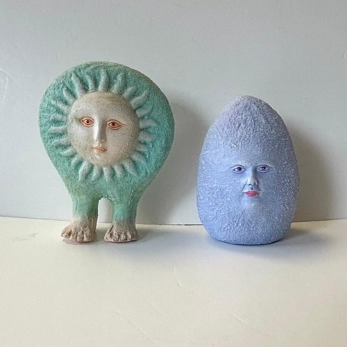 2 Alexander Flores ceramic Sculpture Moon and Sun faces Labeled Signed ...