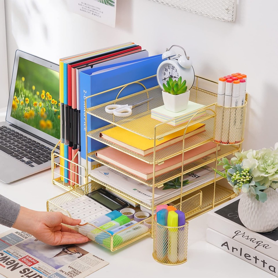 Marbrasse Rose Gold Desk Organizer with File Holder, 5Tier Paper Letter ...