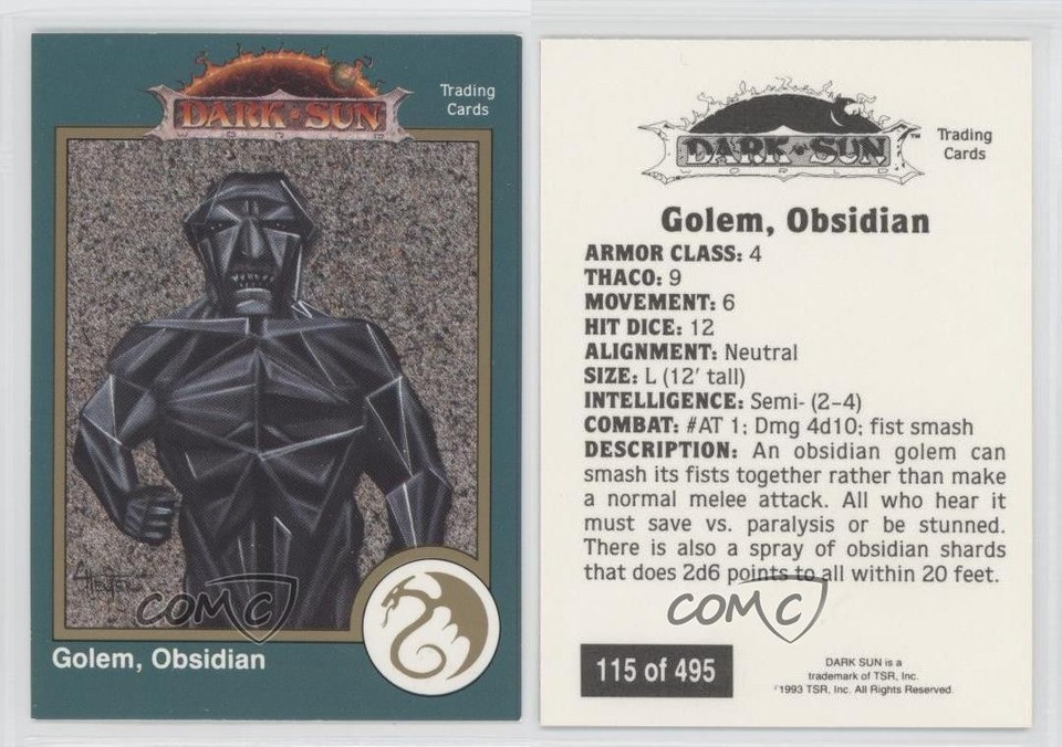 1993 TSR Advanced Dungeons & Dragons Dark Sun Gold Golem Obsidian #115 ...