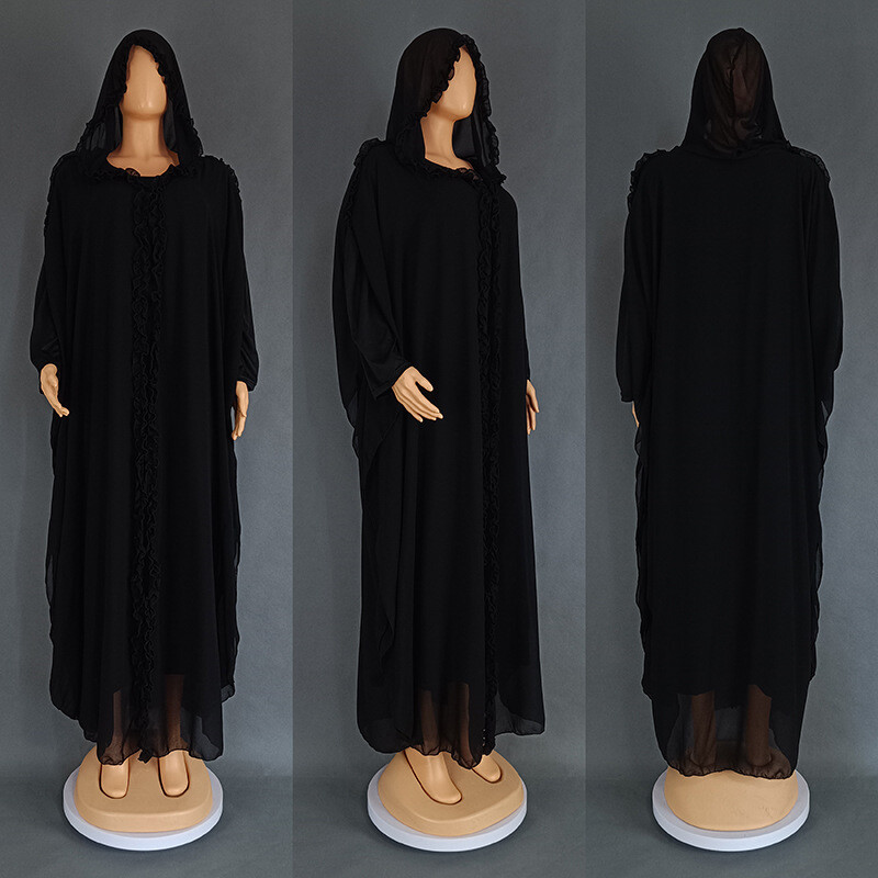 Abaya Women Chiffon Hooded Kaftan Long Dress Set Muslim Burqa Evening ...