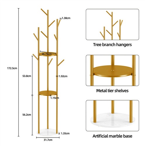Gold Coat Rack Modern Garment stand with Shelves Hooks Heavy-duty ...