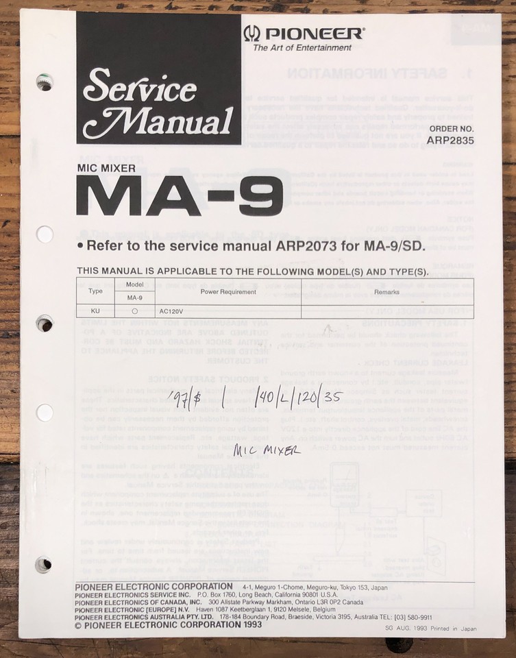Pioneer MA-9 Mixer Service Manual *Original* | eBay