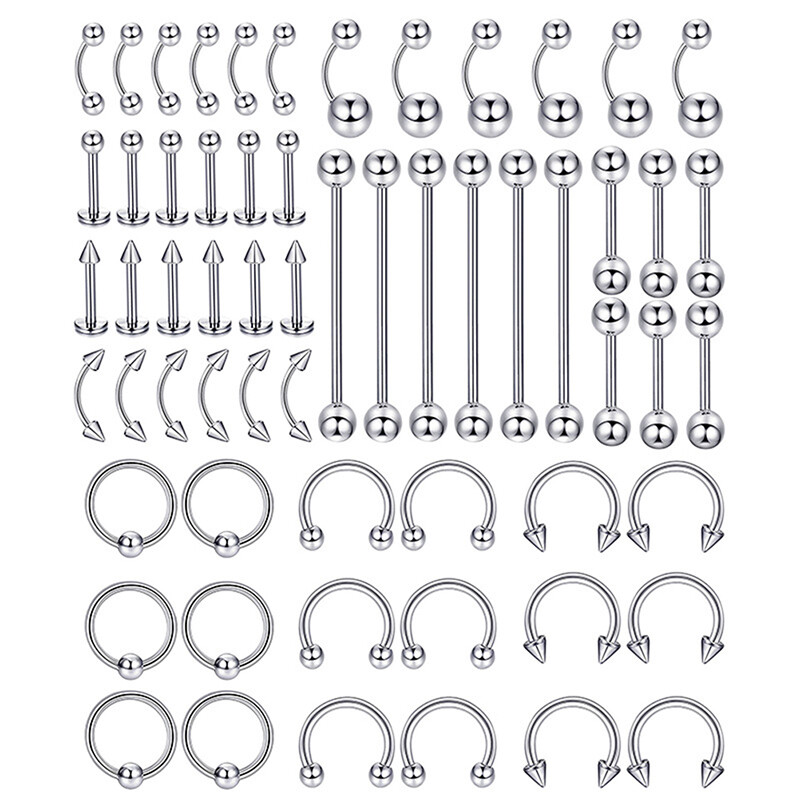 72Pcs Body Piercing Jewelry Tool Kits Needle Nipple Tongue Eyebrow Nose ...
