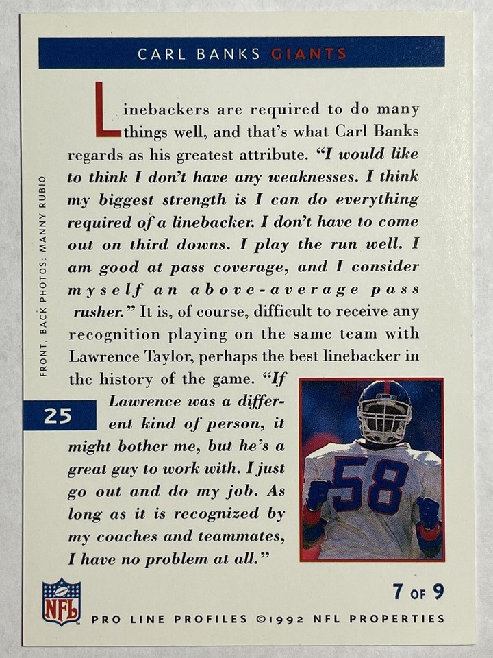 CARL BANKS Giants CHRIS MILLER Falcons 1992 Pro Line Profiles 7 of 9 ...