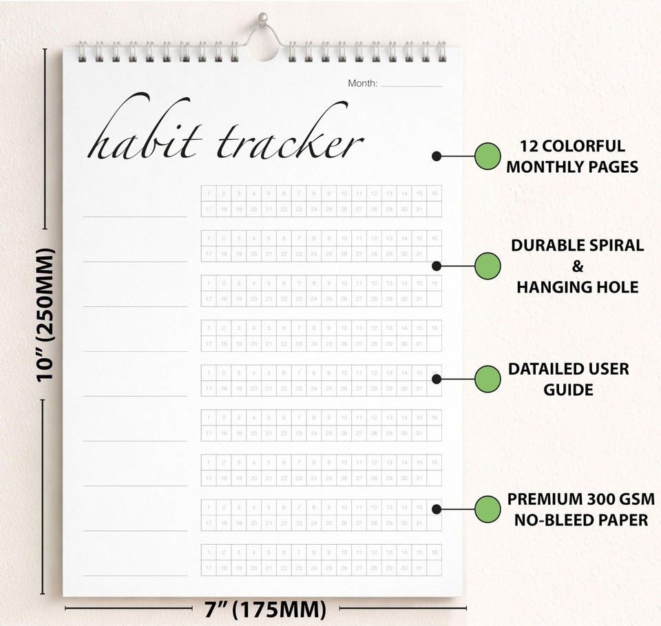 Habit Tracker Calendar (Undated 12 Month) with Silver Spiral Bound and ...
