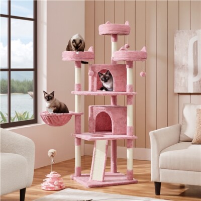 69'' Pink Medium Cat Tree with Caves Condos Platforms Scratching Posts ...