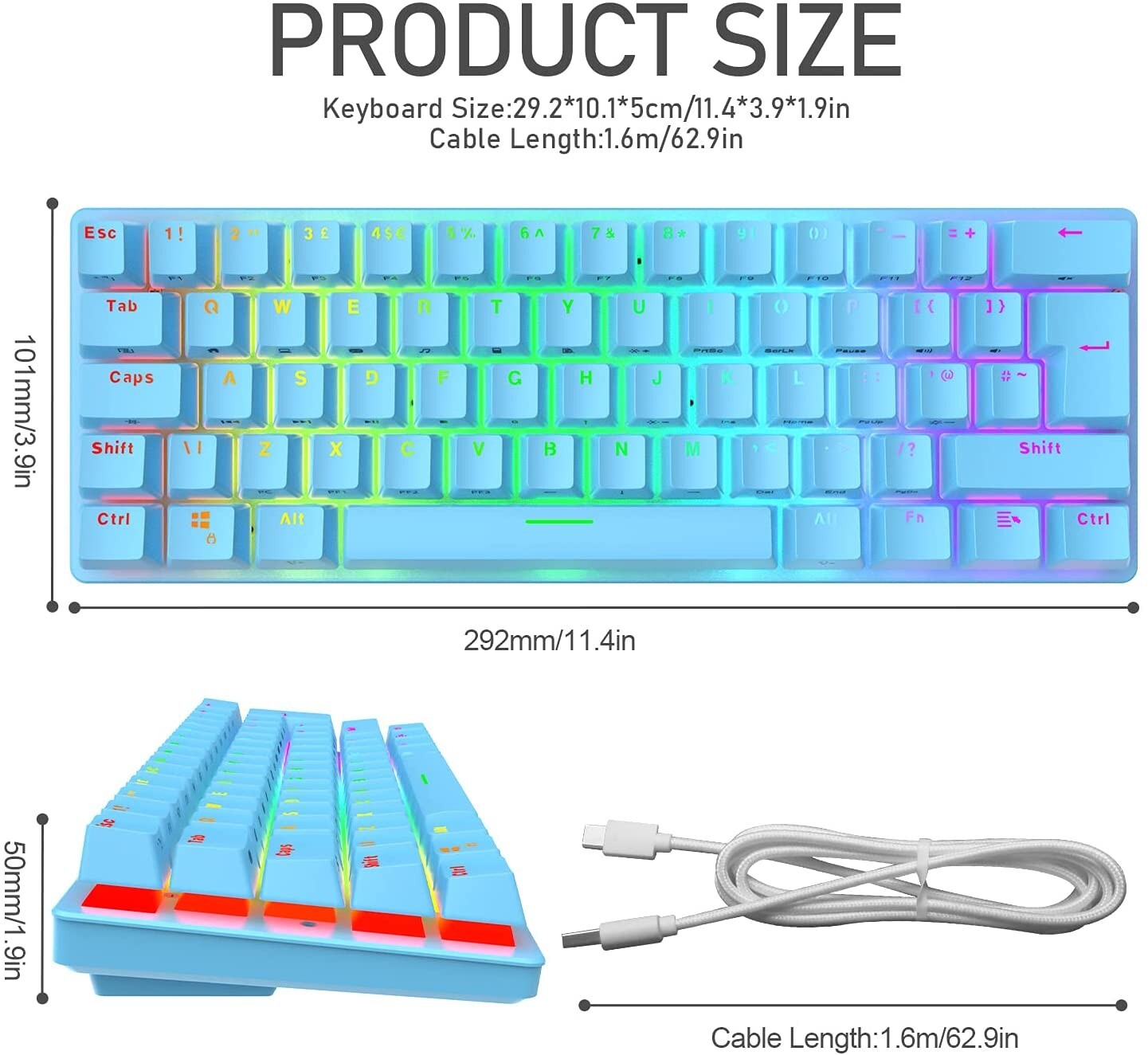 UK Layout 60% True Mechanical Gaming Keyboard 61 Keys Wired LED RGB ...