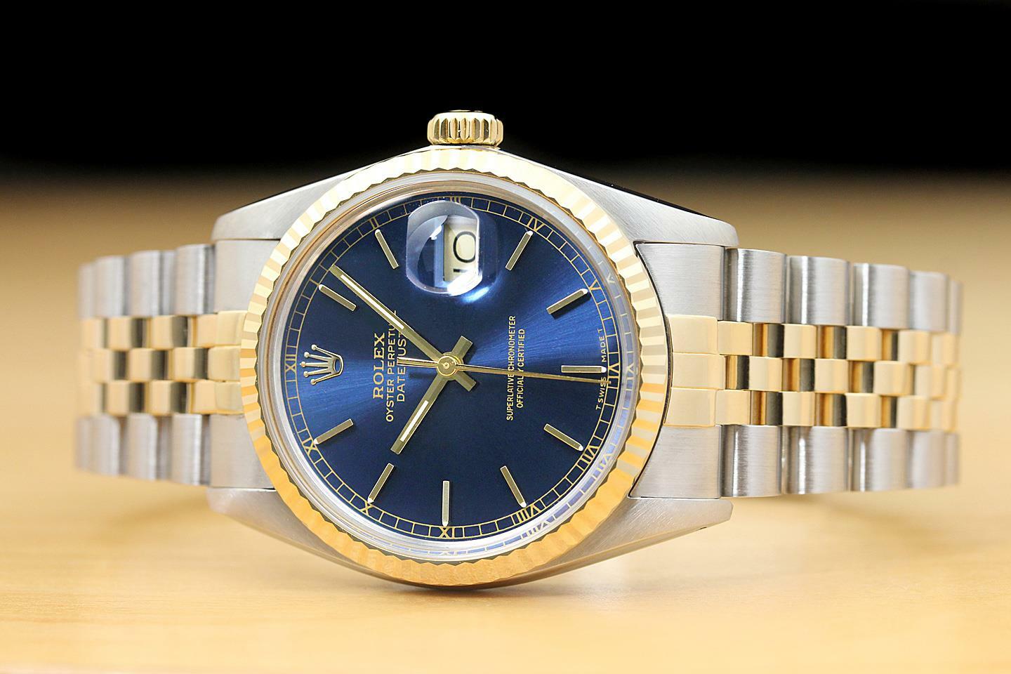 ROLEX MENS DATEJUST 16013 BLUE DIAL 18K YELLOW GOLD STAINLESS STEEL ...