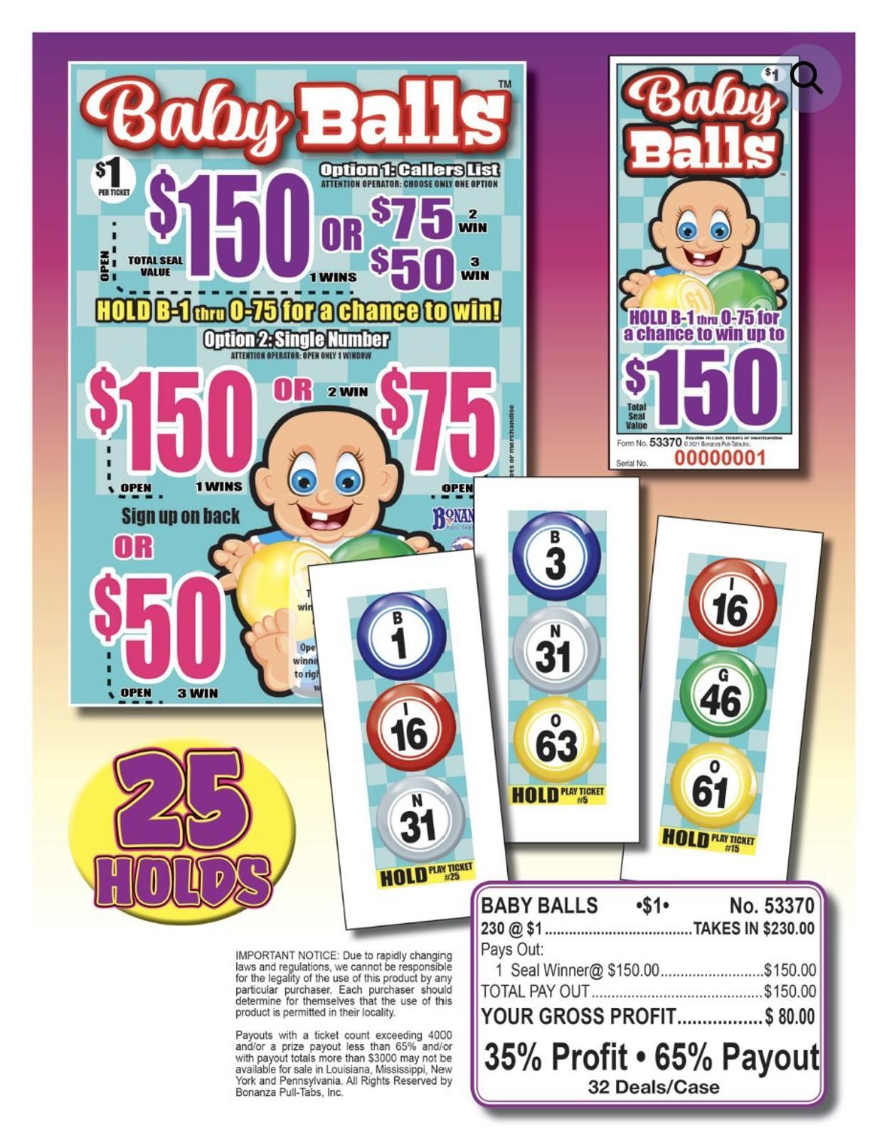Pull Tab Ticket - Hard Card - Game - Baby Balls - 230 ct | eBay