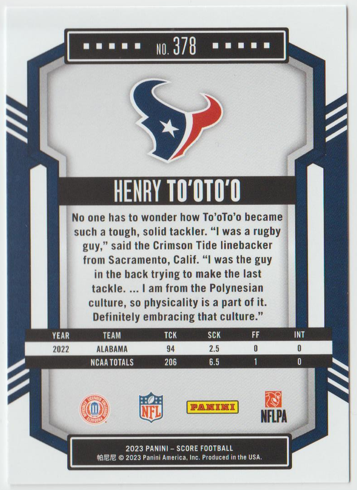 2023 Score #378 Henry To'oTo'o RC - Houston Texans | eBay