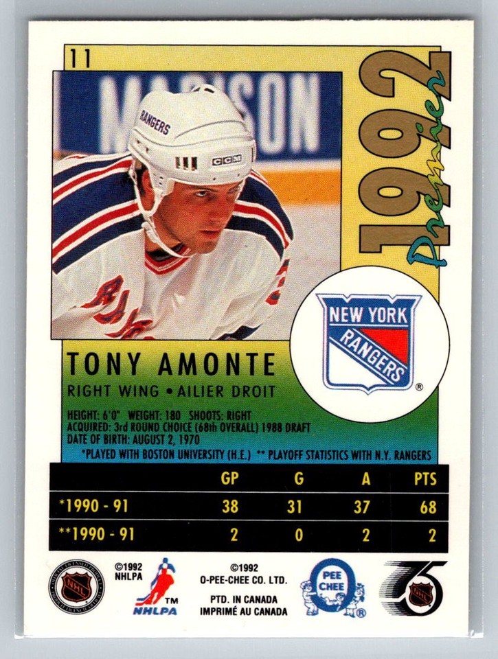 1992 O-Pee-Chee Premier #11 Tony Amonte RANGERS | eBay