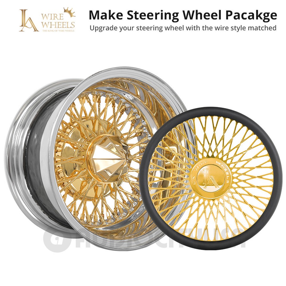 14X7" LA WIRE WHEELS REVERSE 72-SPOKE CROSS LACE CHROME/GOLD SPOKES ...