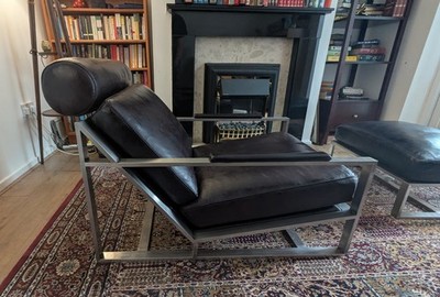 Black & Chrome Milo Baughman Style Lounge Chair with Ottoman By Coach ...