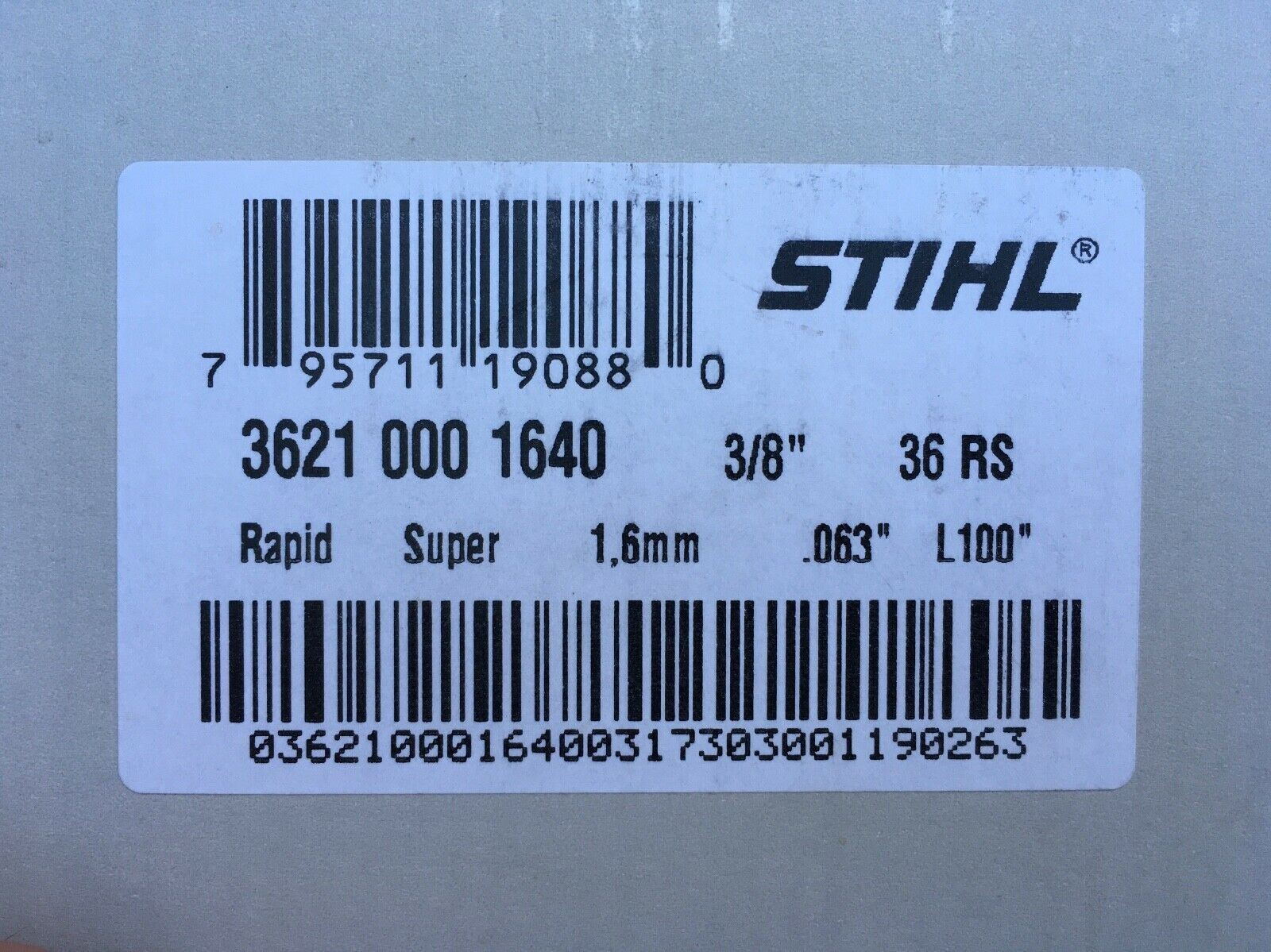 STIHL 100ft Roll of 3/8 x .063 RS (Rapid Super) Chainsaw Chain #3621 000 1640 | eBay