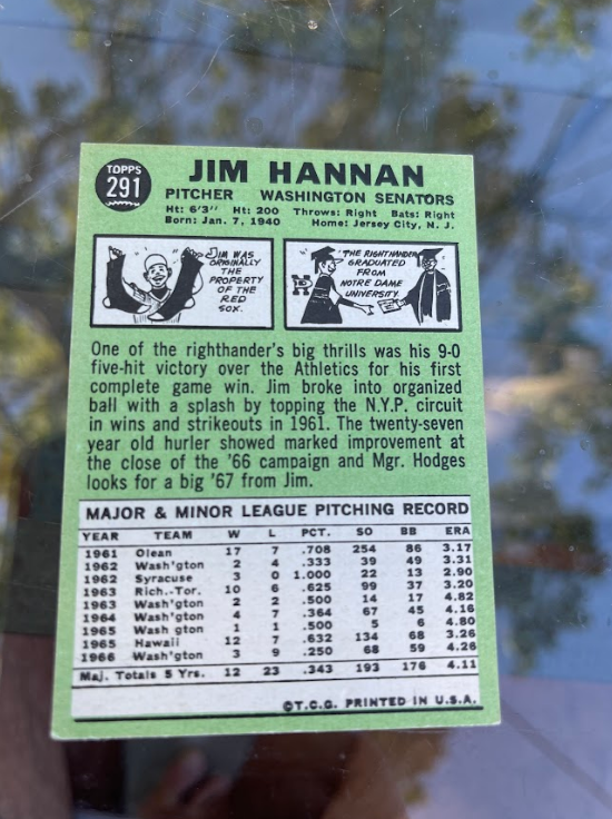 DCC: 1967 Topps Jim Hannan Washington Senators #291 EX-NM Centered | eBay