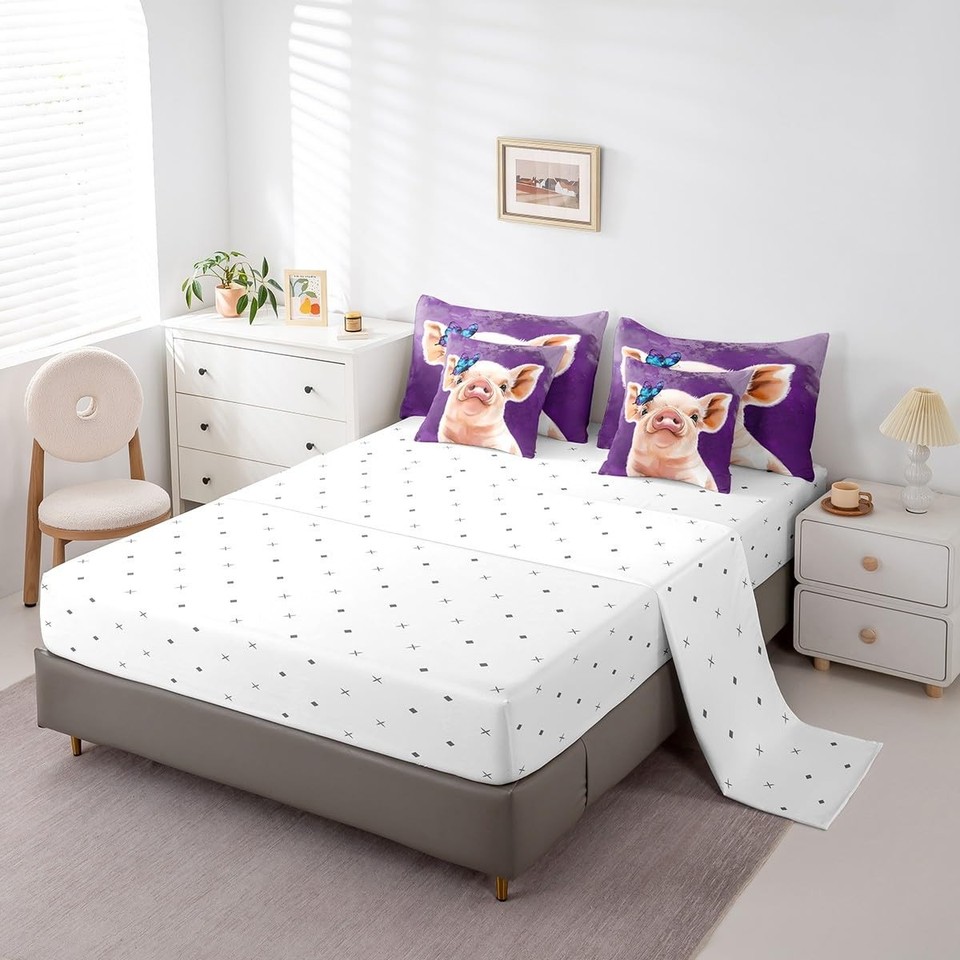 Kids Cute Pig 7 Piece Bedding Set Full Size, Cartoon Pink Pig Bed in a ...