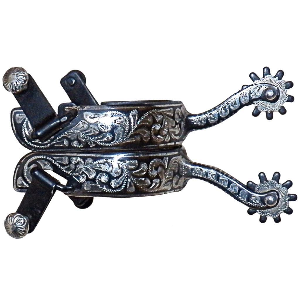 Engraved Floral Black Steel Offset Spurs with German Silver Trim 10 ...