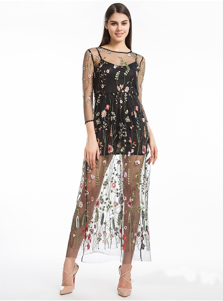 Women Embroidered Gauze Lace Floral Sheer Mesh Cocktail Evening Party ...