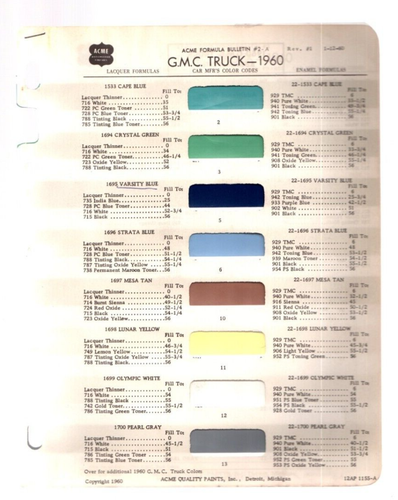 1960 GMC TRUCK Color Chip Paint Sample Brochure / Chart: Acme | eBay