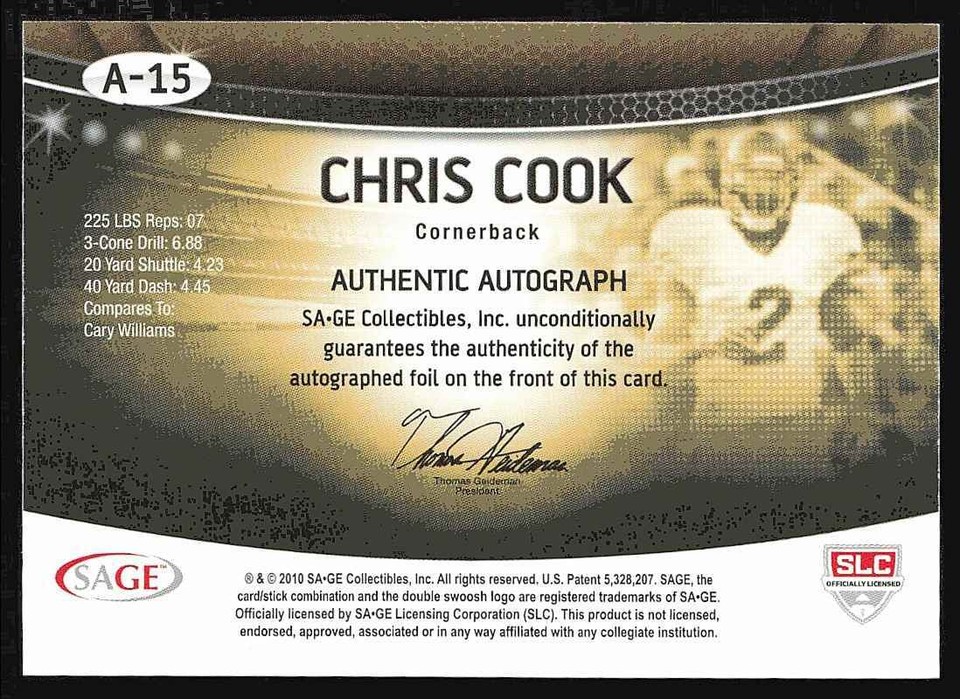 FB Chris Cook 2010 SAGE Autographs Silver 201/400 Virginia Cavaliers #A ...