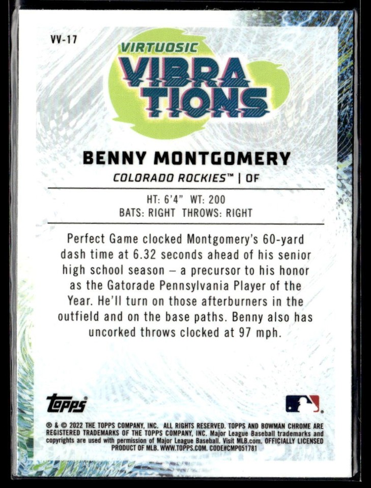 2022 Bowman #VV-17 Benny Montgomery Virtuosic Vibrations Baseball Card ...