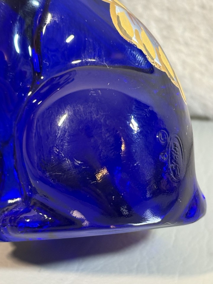 Fenton Cat Glass Figurine Cobalt Blue Hand Painted Gold Leaves Signed ...