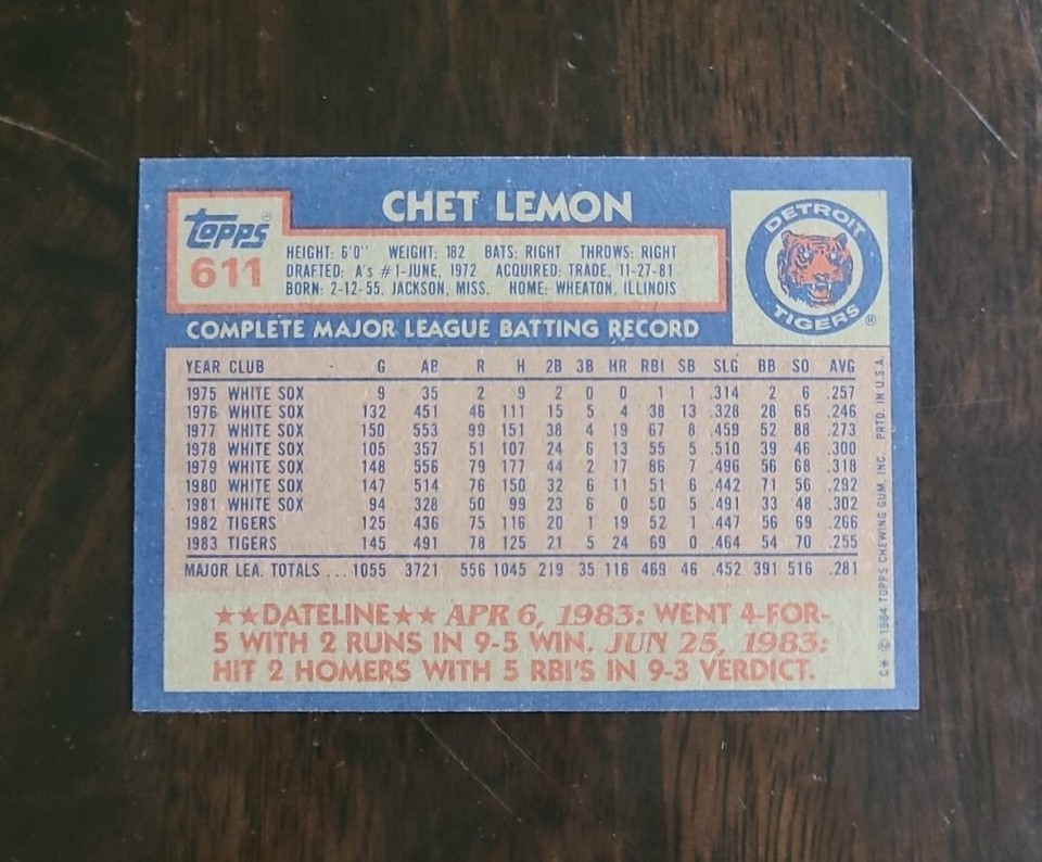 1984 Topps Chet Lemon #611 Detroit Tigers | eBay